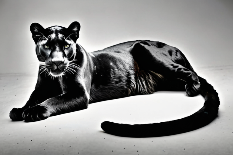 a B&W wide camera shot of a full body panther laying down on a white ...