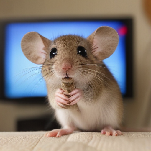 Mouse watching tv with remote in hand