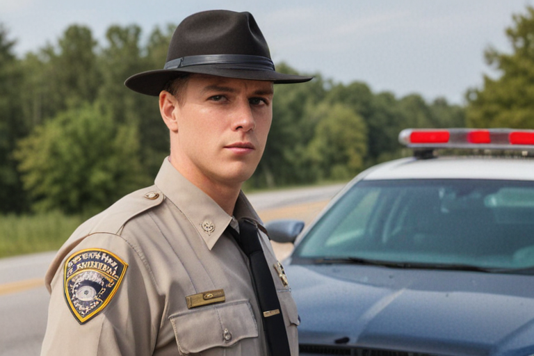 Kentucky State Trooper standing beside a car on a traffic stop, state ...