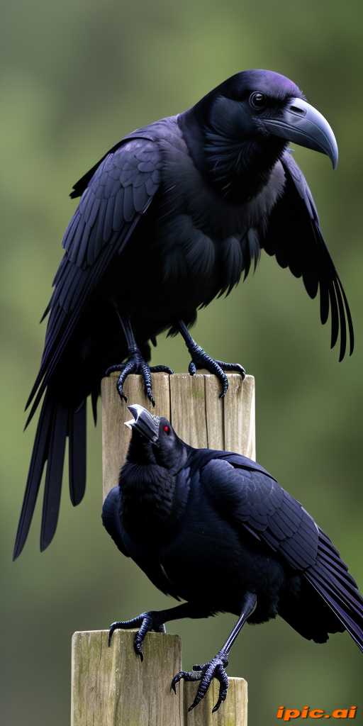 Two Majestic Black Ravens Perched on Wooden Posts in Nature's Embrace