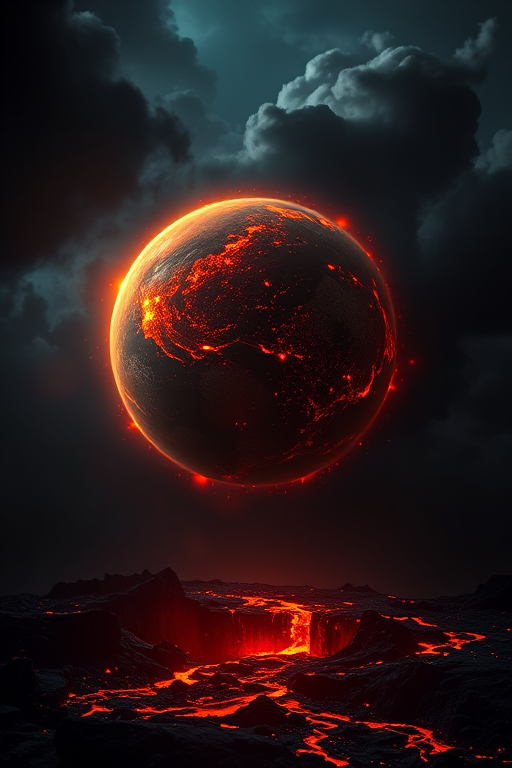 Fiery Planet Surrounded by Dark Clouds and Flowing Lava in Space