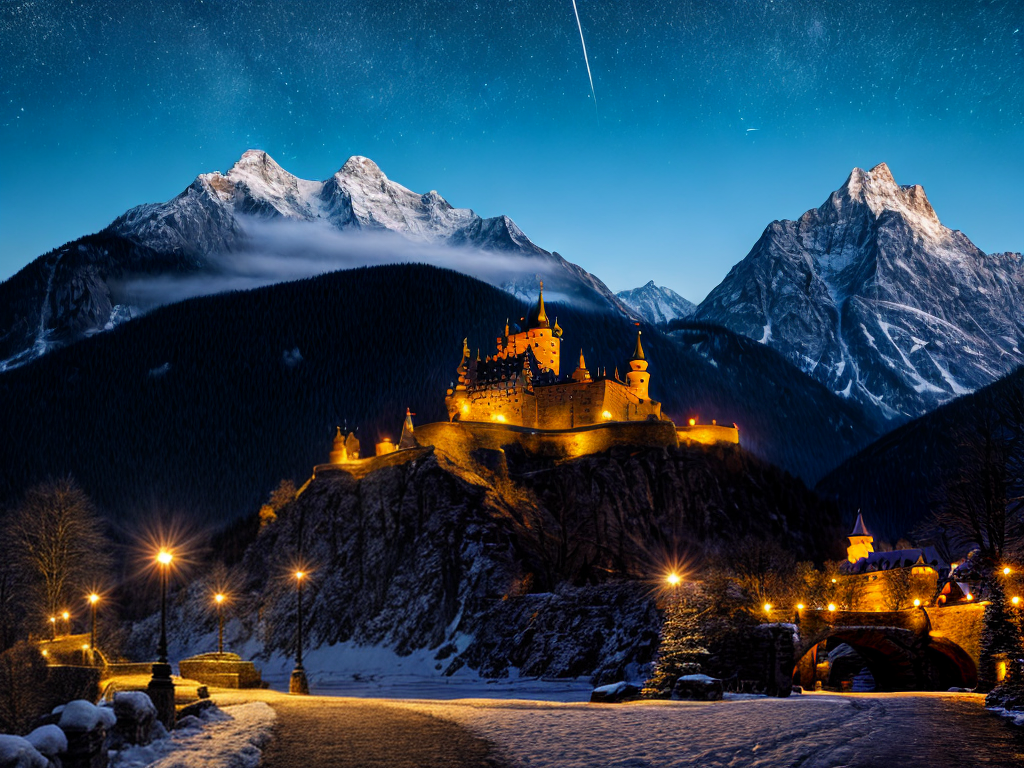german castle, night sky, snow, alps, rocky stream, stone bridge ...