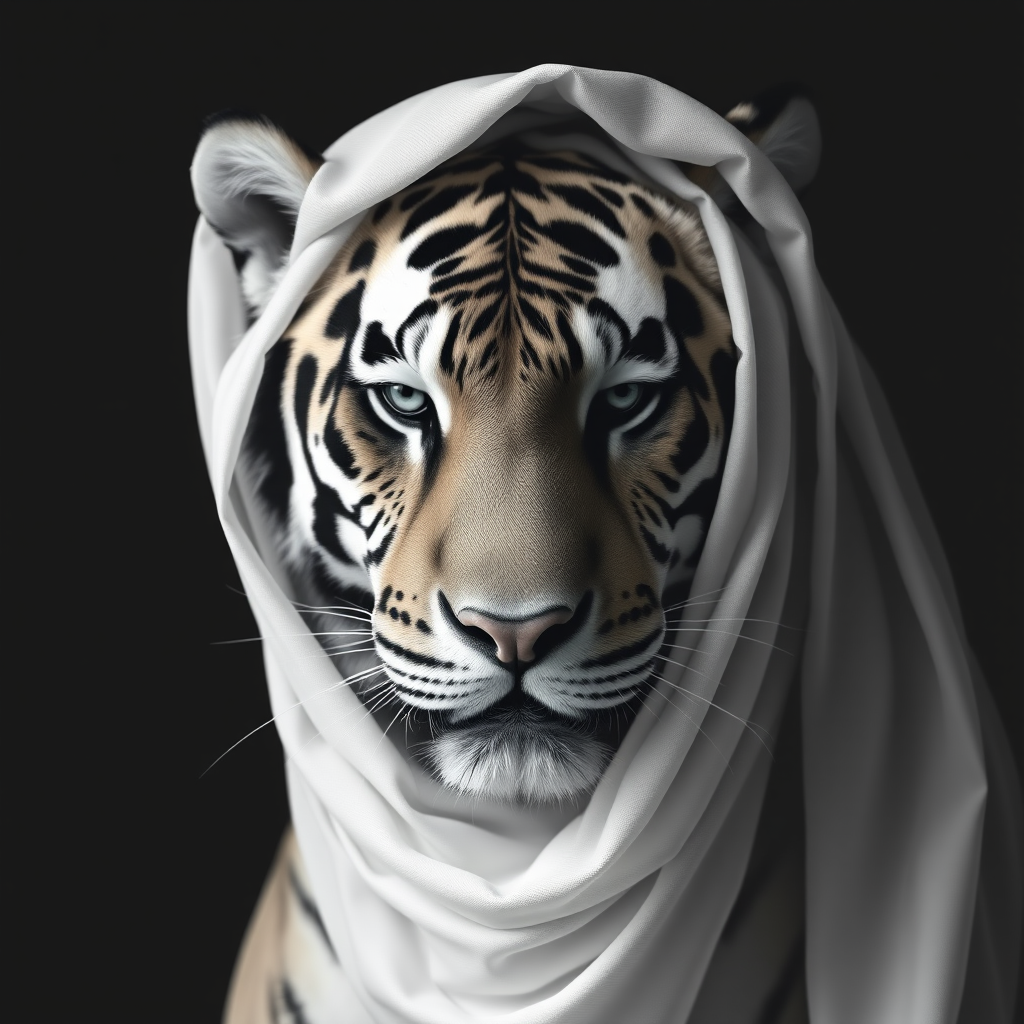 A Majestic Tiger Draped in a Flowing White Fabric Against Darkness.