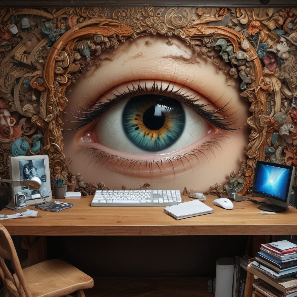 A Captivating Eye Artwork Framing a Cozy Workspace with Technology