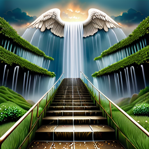 heaven with an angel with wings and a beautiful sky with stairs and ...