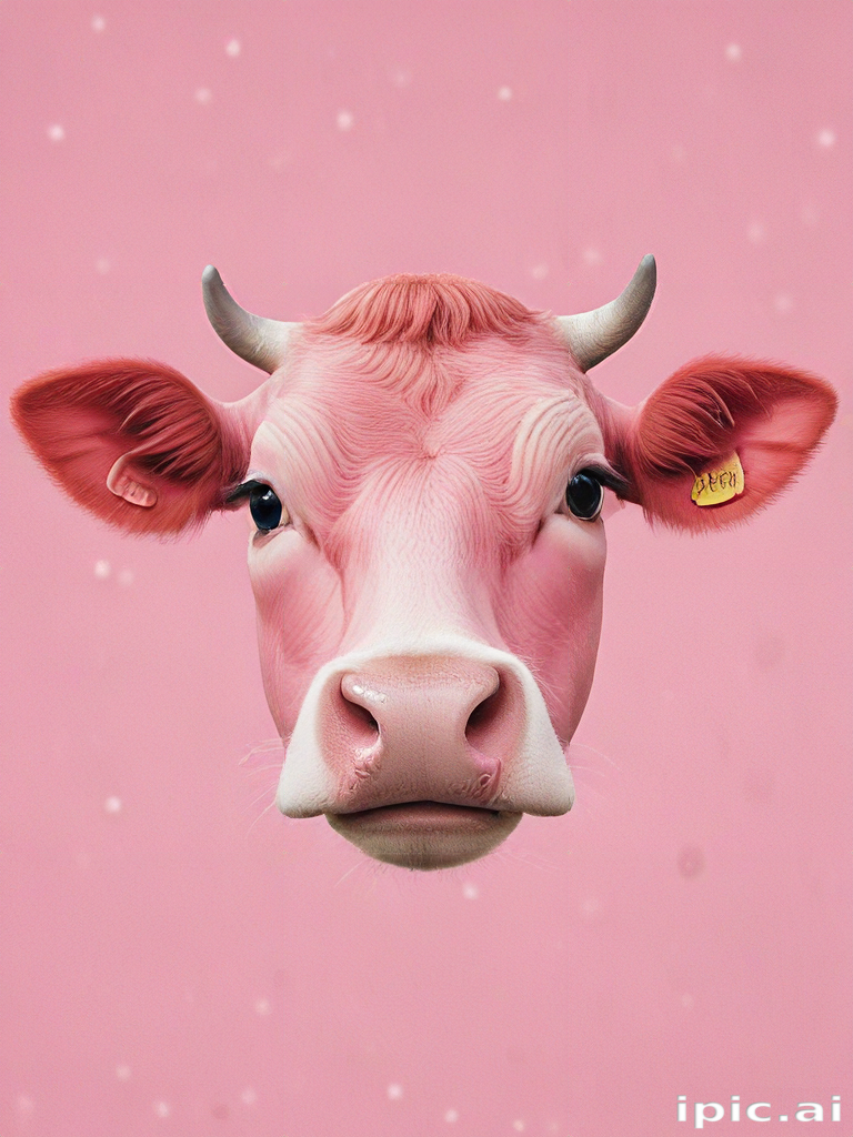 A Playful Pink Cow with Big Eyes Against a Soft Pink Background.