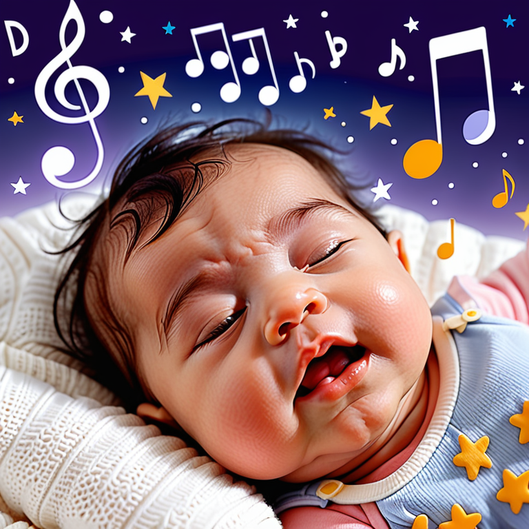 Joyful Baby Smiling and Enjoying Music Notes in a Colorful Background