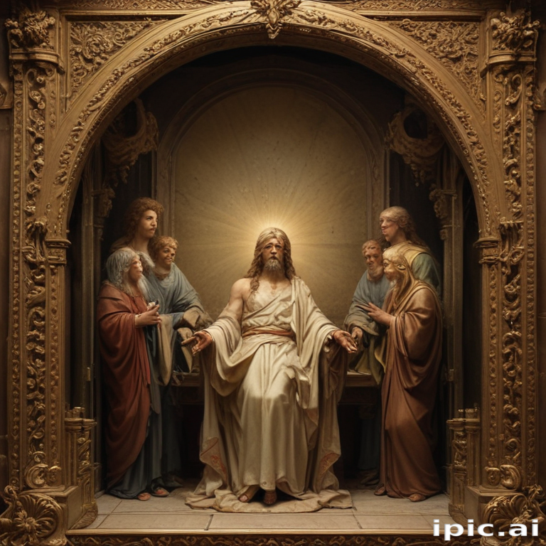 Divine Gathering: Jesus Surrounded by Followers in a Sacred Setting