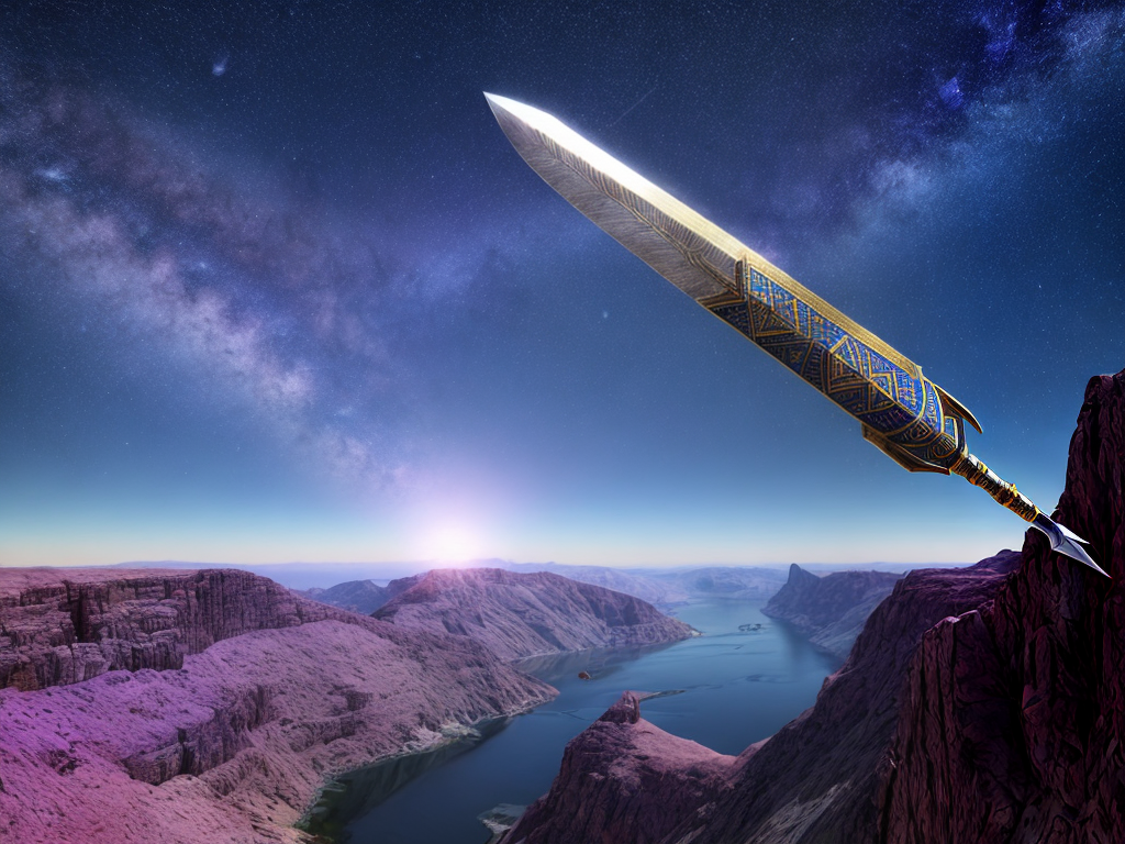 Egyptian greatsword flying on a background with purple rays