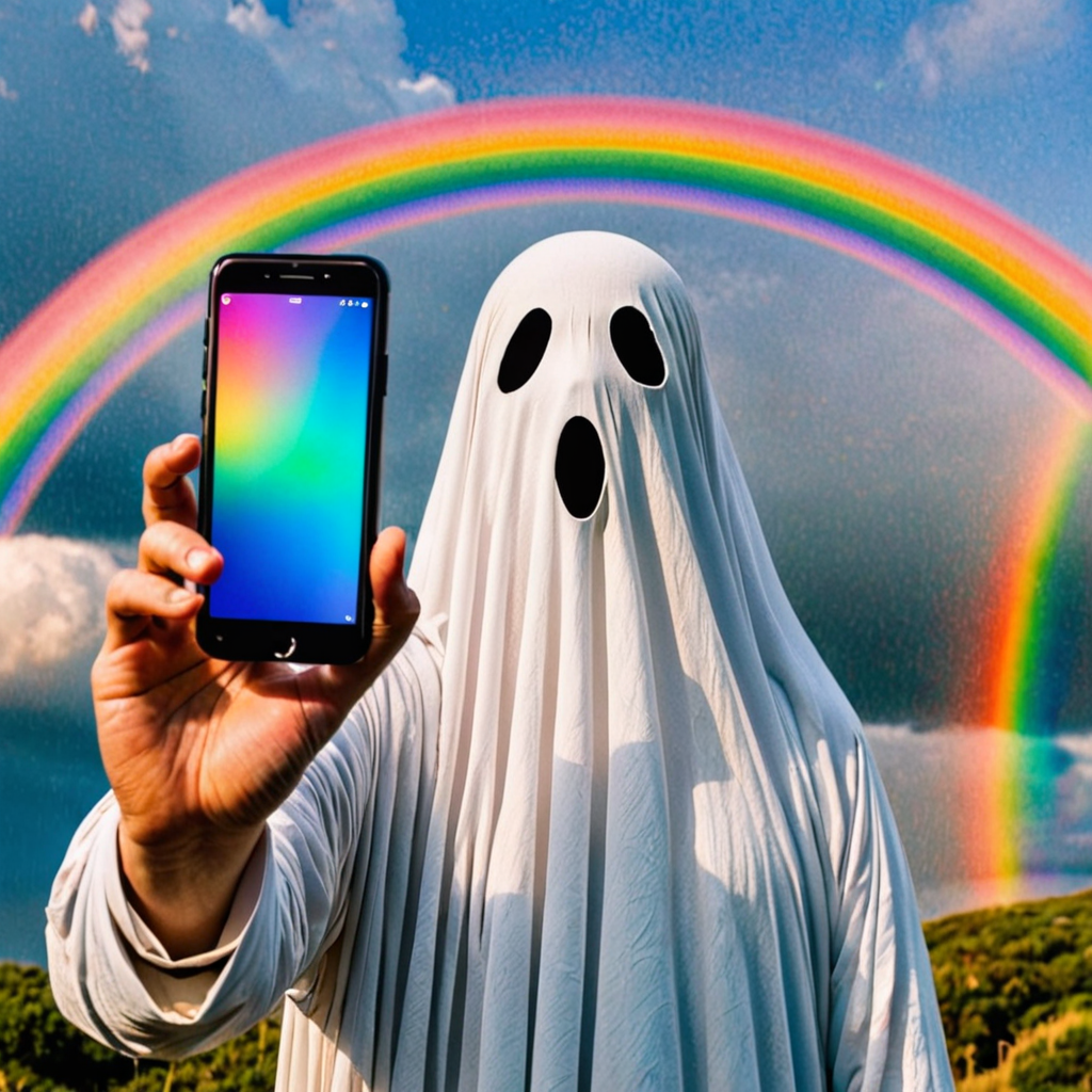 ghost taking a selfie with rainbow background
