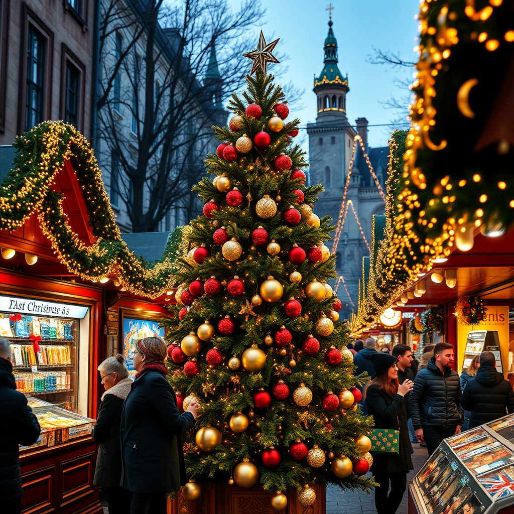 Festive Christmas Market Scene with a Beautifully Decorated Tree and Stalls