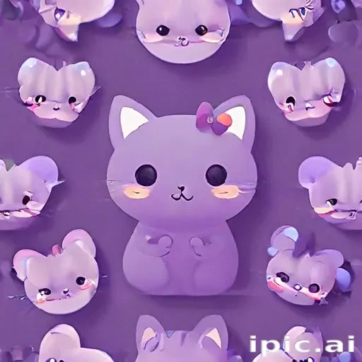 Adorable Purple Cat Character Surrounded by Cute Feline Faces and Shapes