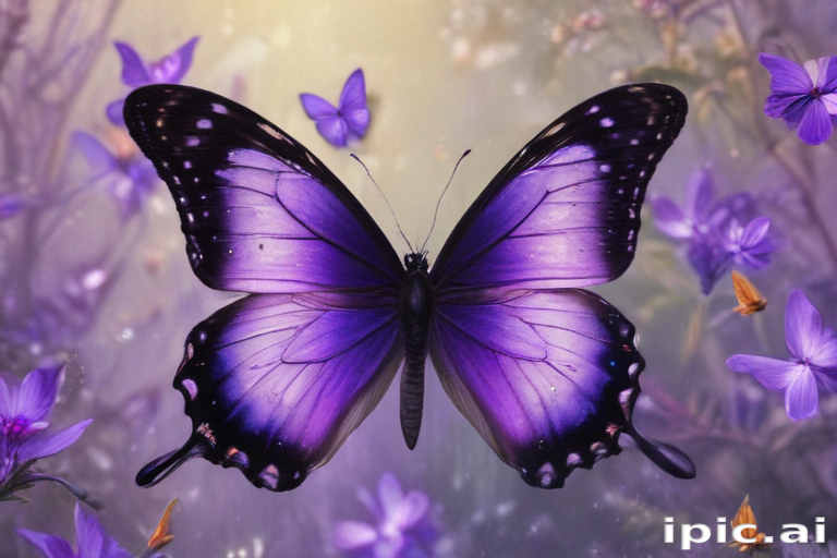 Majestic Purple Butterfly Gliding Through a Field of Delicate Flowers