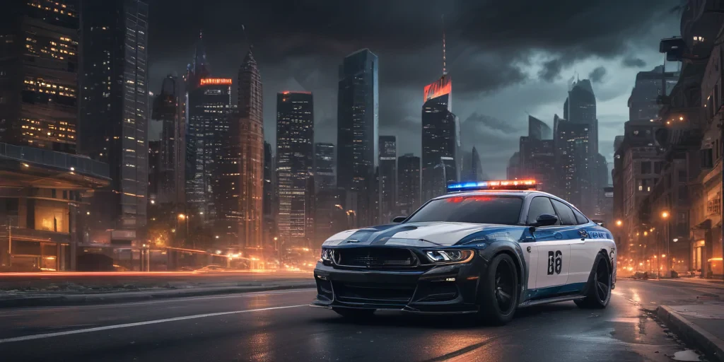 Nighttime Cityscape Featuring a Sleek Police Car with Flashing Lights