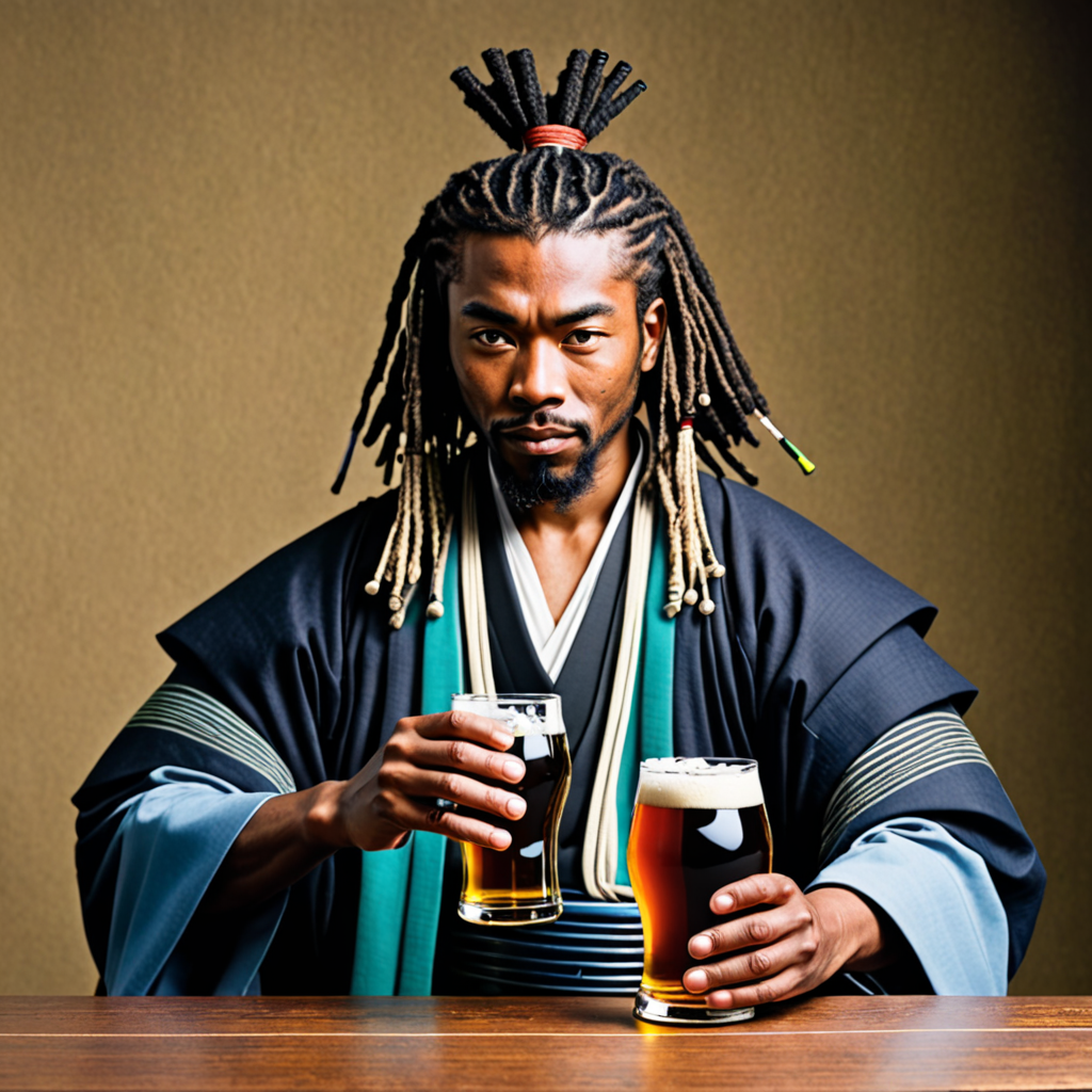 african american samurai with dreadlocs drinking tall beer studio ...