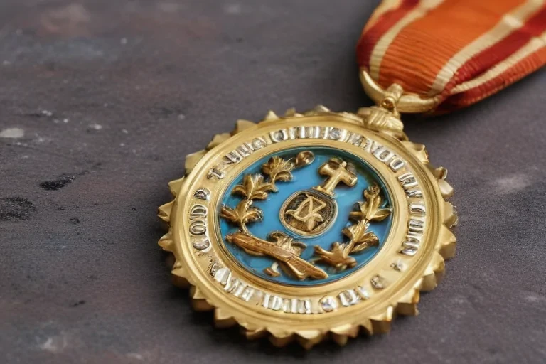 A Beautifully Crafted Gold Medal with Intricate Design and Ribbon.