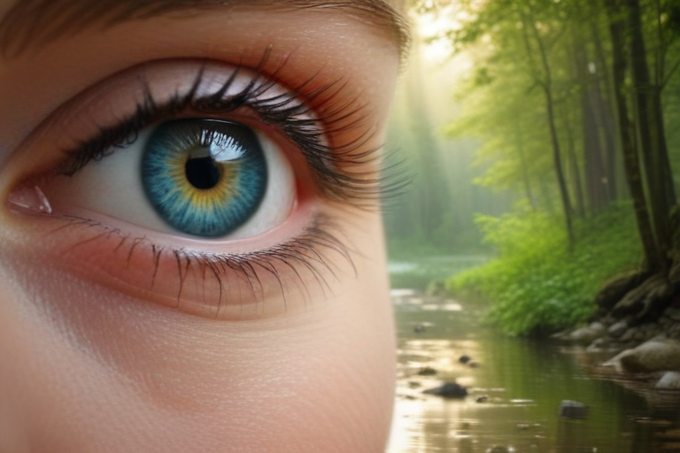 Close-Up of a Beautiful Eye Overlooking a Serene Forest Landscape.