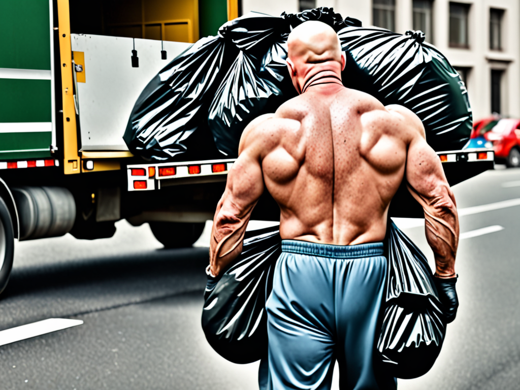 realistic handsome bald older muscular garbagemen from the back ...