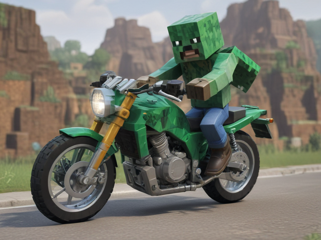 A minecraft player on a motorcycle with a sword fighting a creeper
