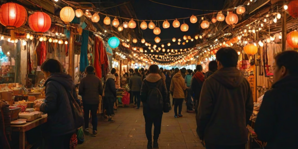 Vibrant Night Market Scene Filled with Colorful Lanterns and People ...
