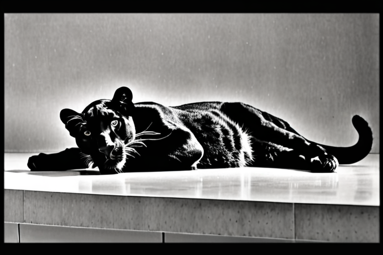 a B&W wide camera shot of a full body panther laying down on a white ...
