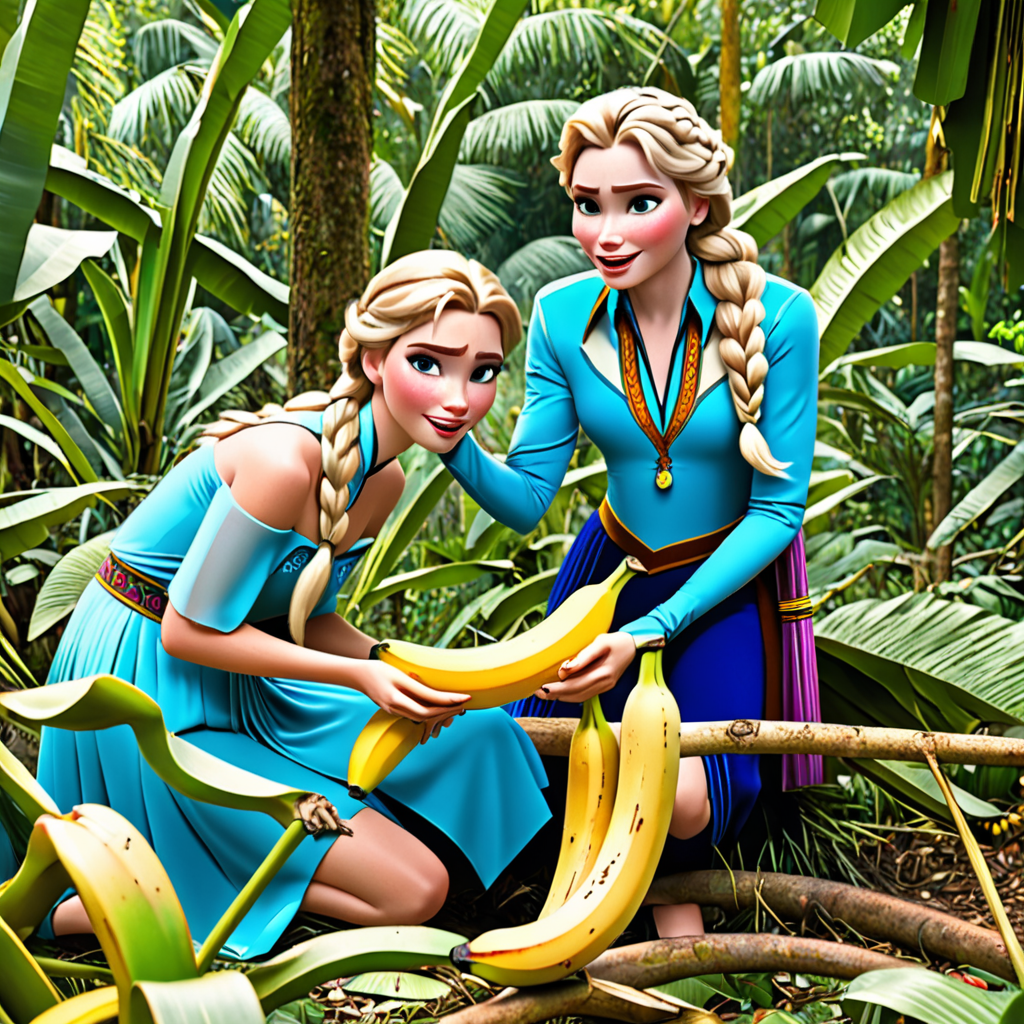 Elsa and Anna in the jungle eating a bunch of bananas