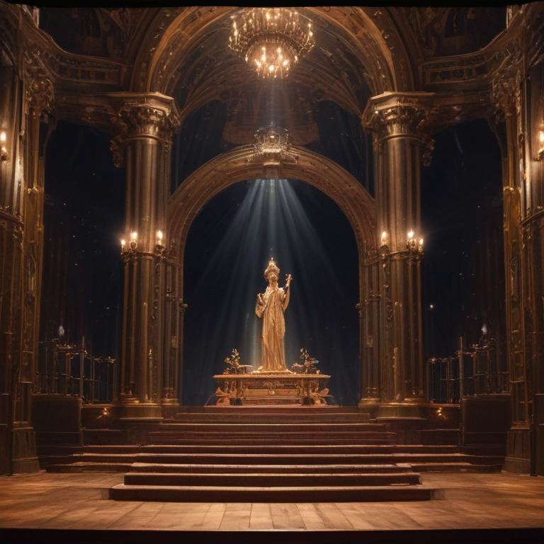Majestic Golden Statue Illuminated in Ornate, Grand Architectural Space