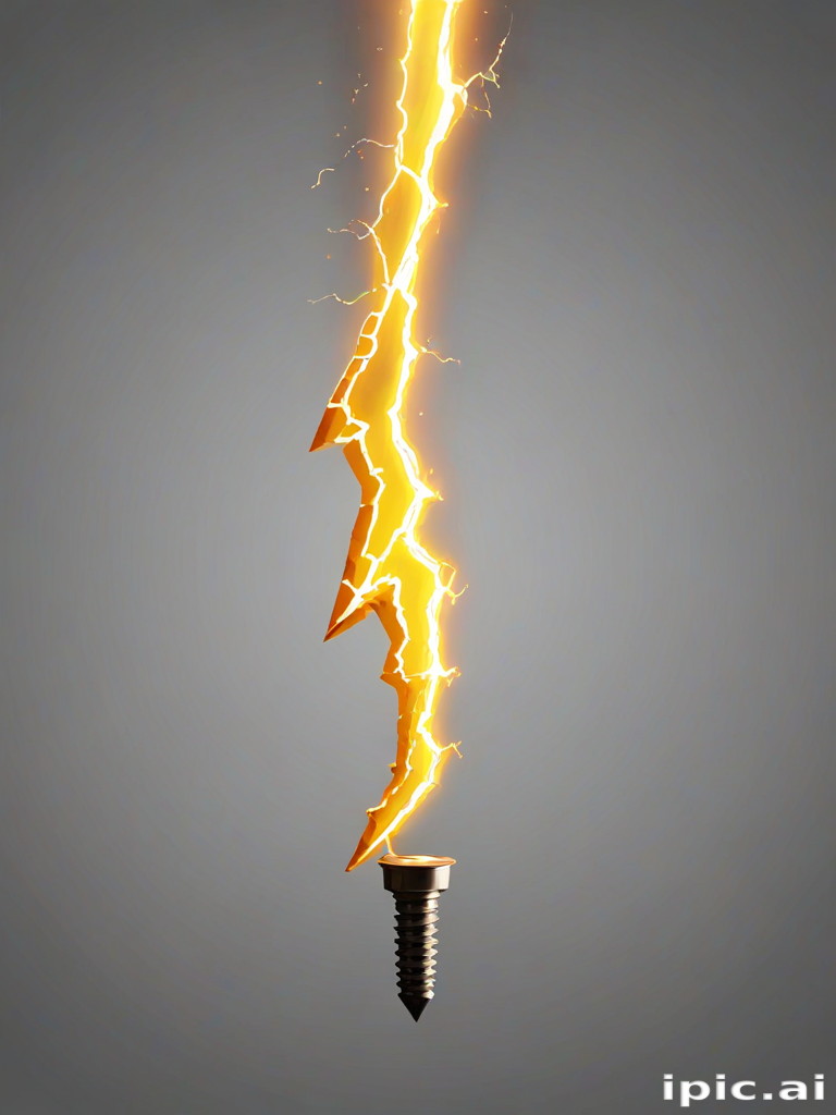 Lightning Striking Downward Towards a Metal Screw Against a Dark Background