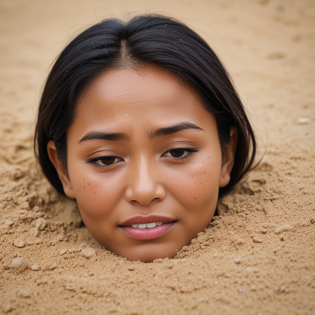 sad crying indonesian woman head burried on a sand