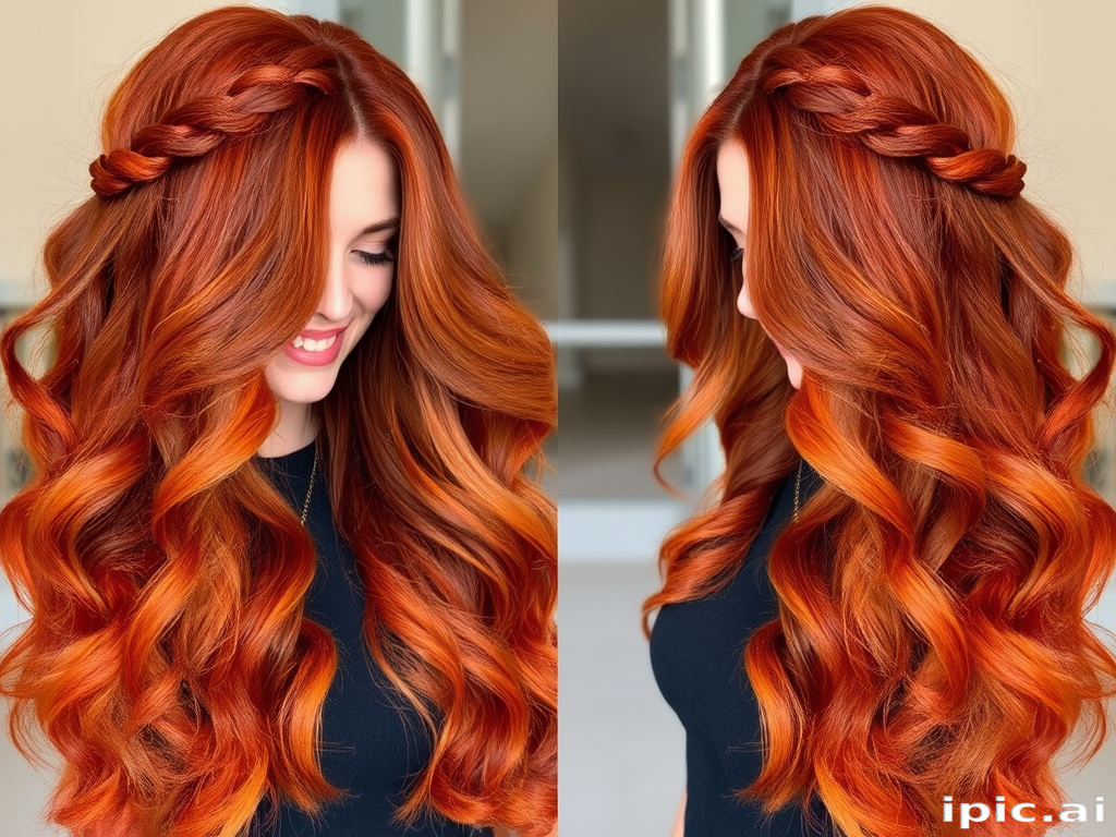 Stunning Long Wavy Hair with Braided Accent in Vibrant Red-Orange Hue