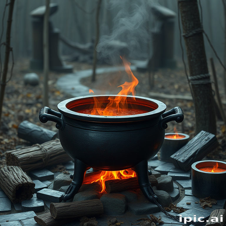 Enchanted Cauldron Bubbling with Mystical Flames in a Foggy Forest