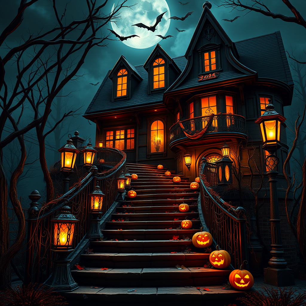 Hauntingly Beautiful Halloween Scene with Glowing Pumpkins and Eerie ...