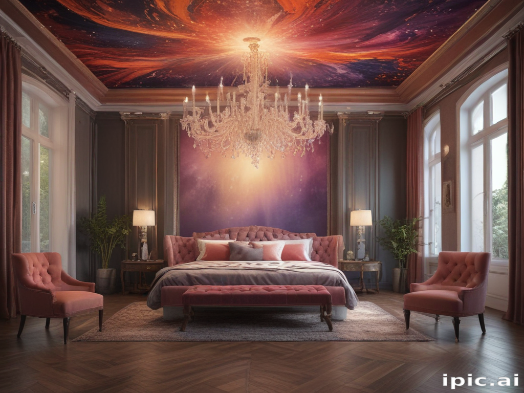 Elegant Bedroom with Celestial Ceiling and Luxurious Chandelier Lighting