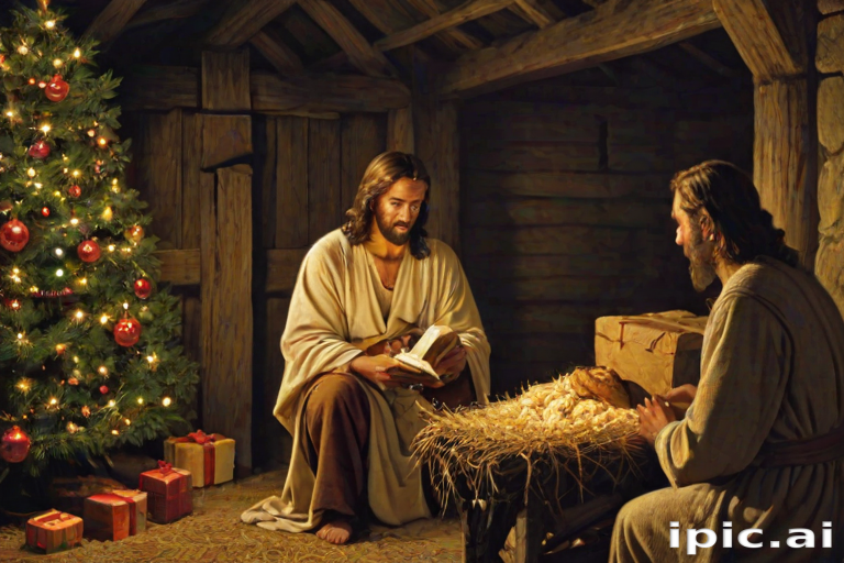 Nativity Scene: Jesus and His Companion Reflecting by the Christmas Tree