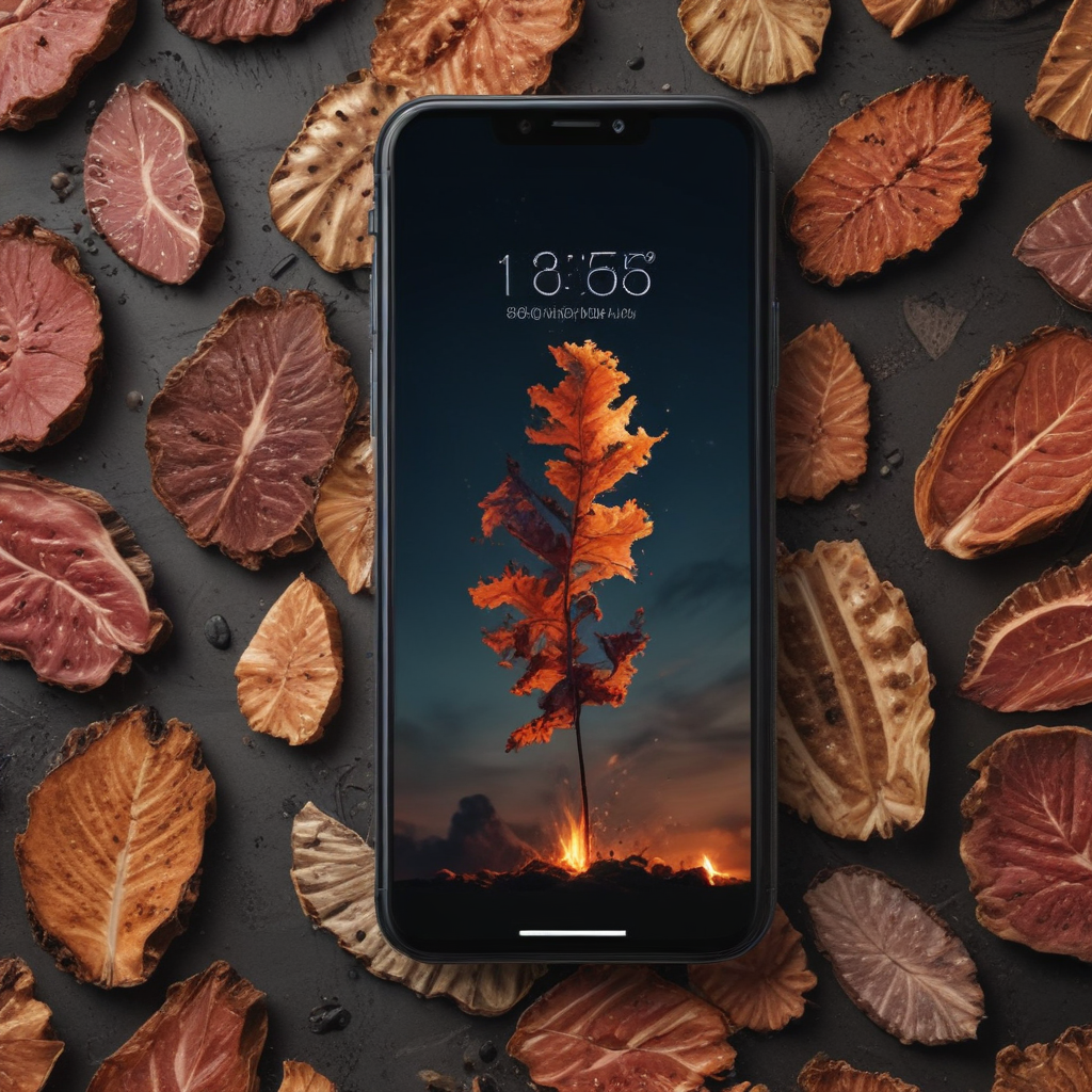 Autumn Leaves Surrounding a Smartphone Displaying a Fiery Tree Image