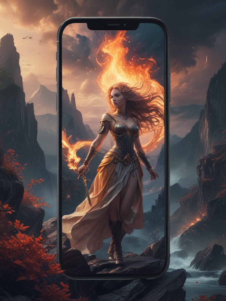 Epic Fantasy Scene of a Fiery Warrior Emerging from a Smartphone