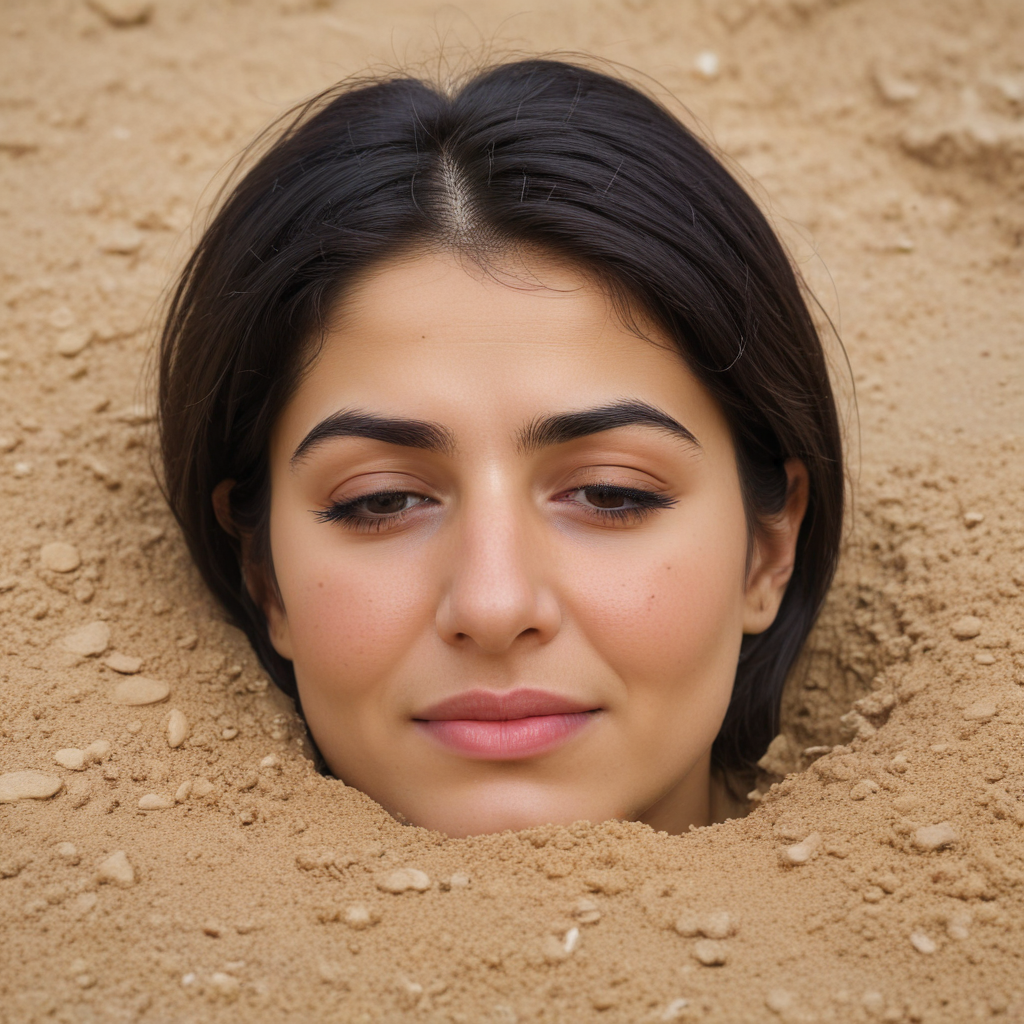 sad crying persian woman head burried on a sand