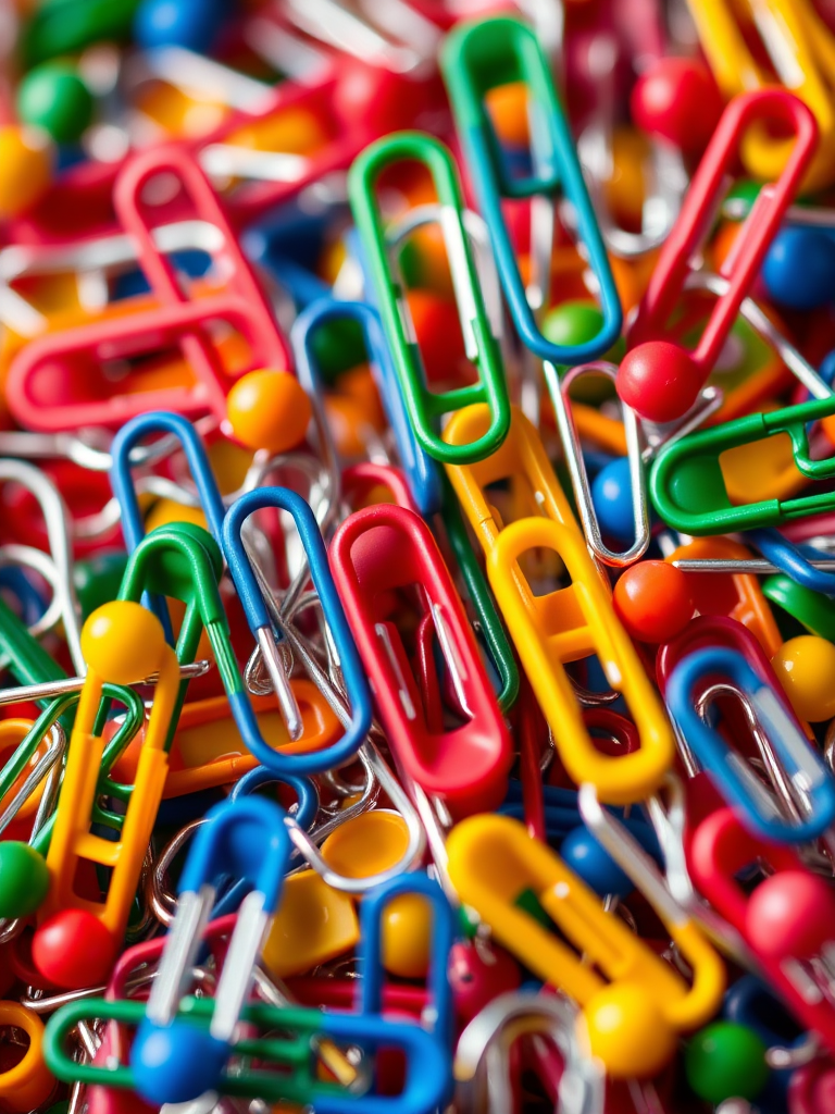 A Colorful Array of Paper Clips and Push Pins in a Tangle