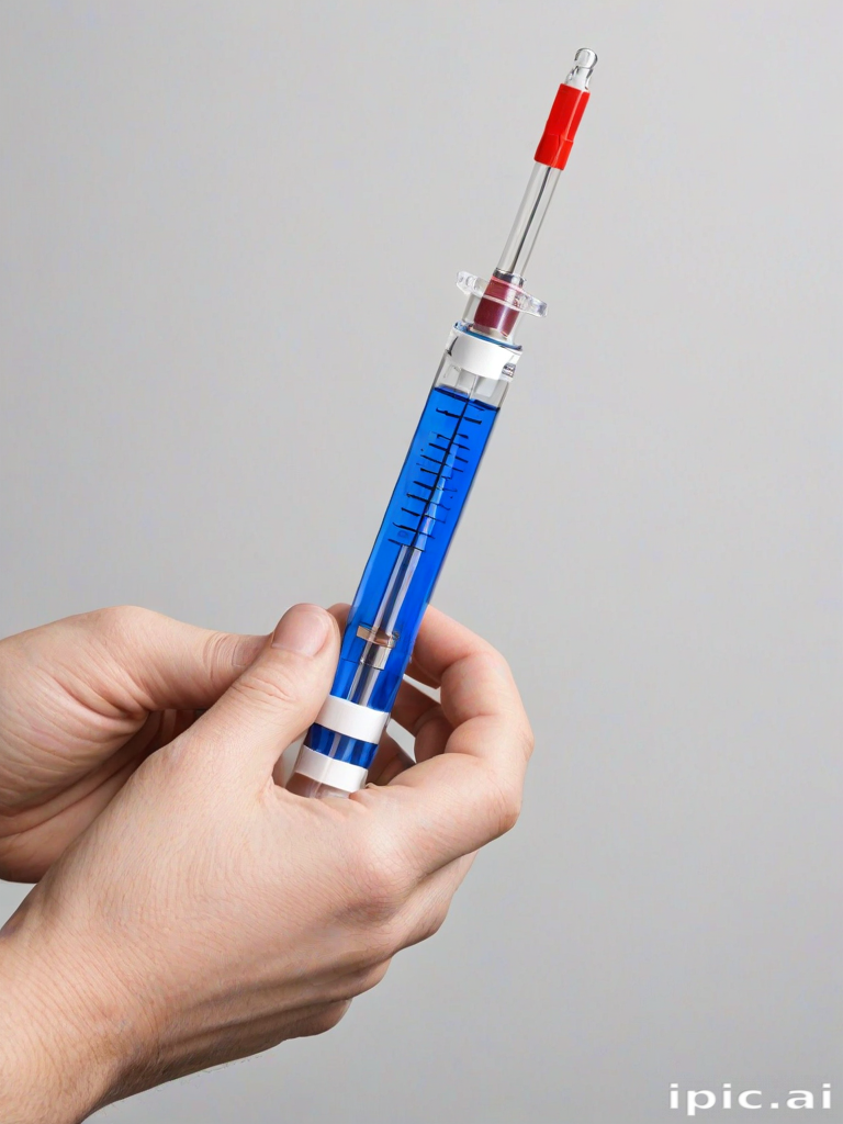 A Brightly Colored Syringe Filled with Blue Liquid and Red Plunger.