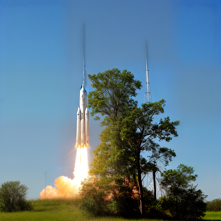 3d rocket blasting off in outer space