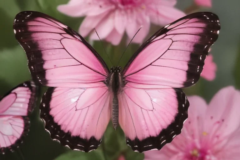 A Beautiful Pink Butterfly Fluttering Among Vibrant Pink Flowers in Nature.
