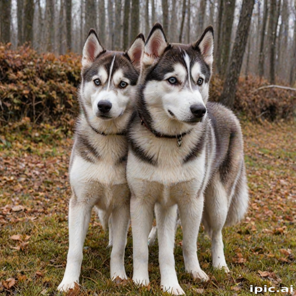 Two Adorable Huskies Standing Together Amidst a Serene Forest Setting.