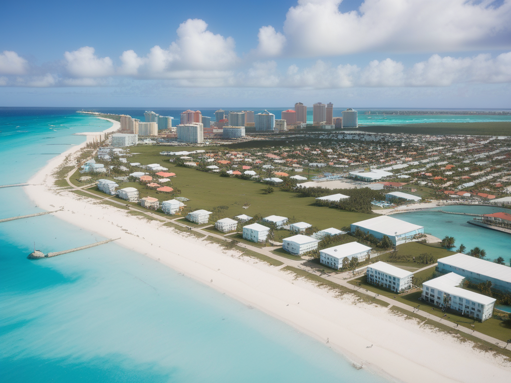 Aerial View of Beautiful Tropical Beach and Coastal Cityscape by the Ocean.