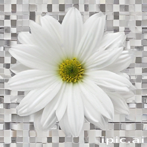 Delicate White Daisy Blooming Against a Shimmering Silver Mosaic Background
