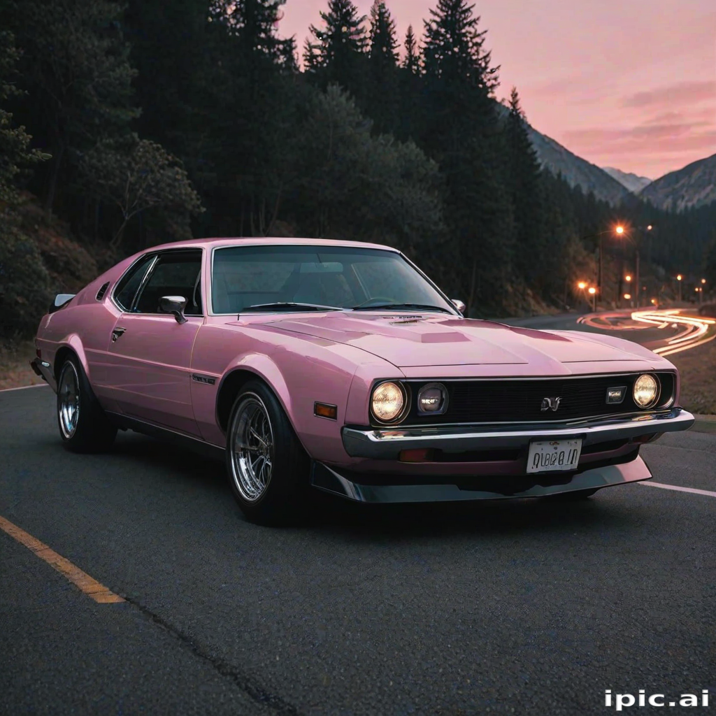 Classic Pink Muscle Car Parked on a Scenic Mountain Road at Dusk
