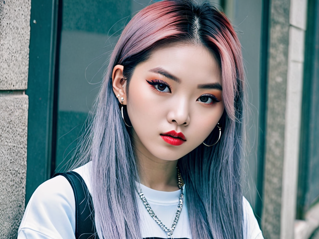 Asian girl, pale skin, kpop rapper, with attitude