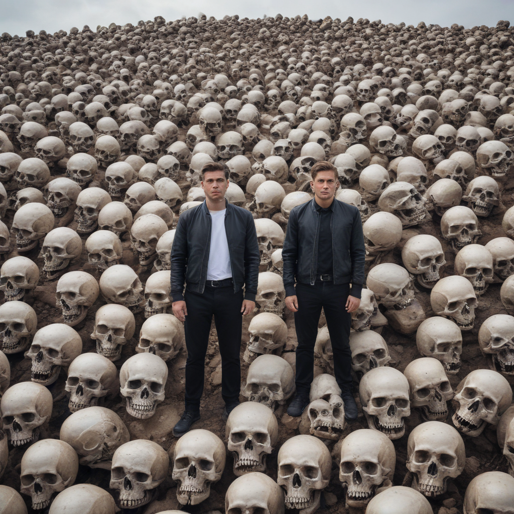 Man standing on a mountain of skulls