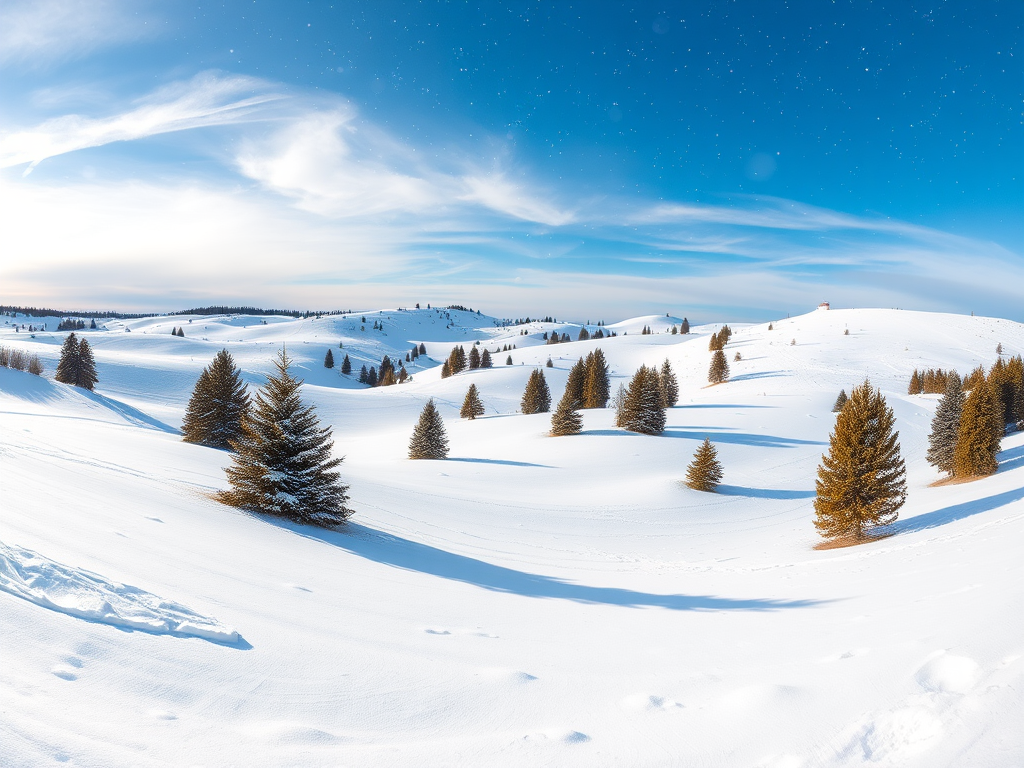 Create a serene winter landscape featuring gentle rolling hills covered ...