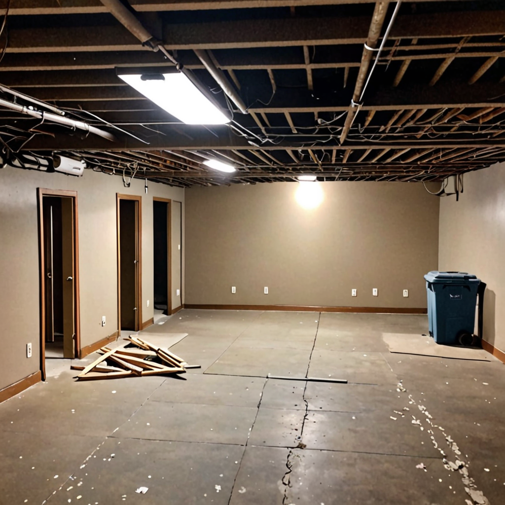 Empty basement in the house. No people. Flat colors.