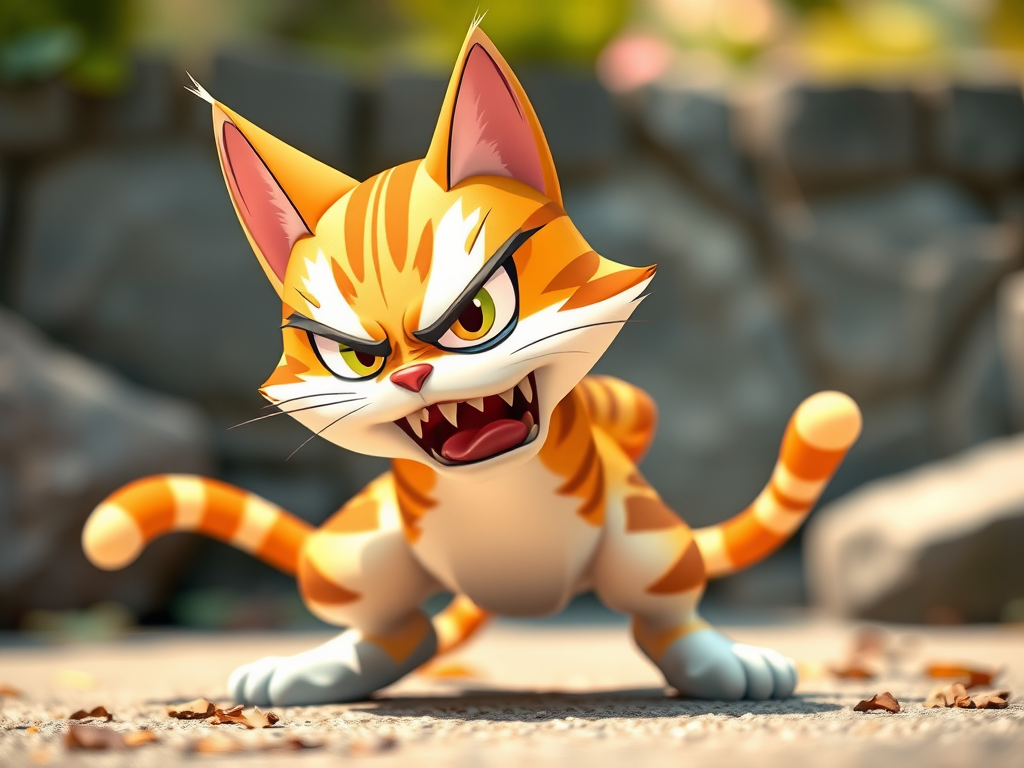 Fierce Cartoon Cat with Stripes Ready to Pounce in Nature